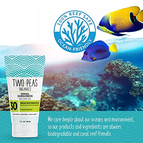 Two Peas Organics - All Natural Organic SPF 30 Sunscreen Lotion - Coral Reef Safe - Baby, Kid & Family Friendly - Chemical Free Mineral Based Formula - Waterproof & Unscented - 3oz (1 Pack)