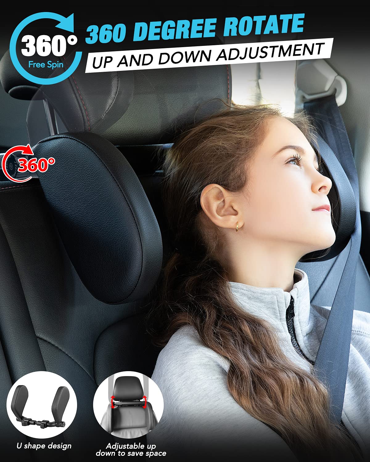 JZCreater Car Headrest Pillow, Car Seat Head Neck Support Pillow, Sleeping Travel Cushion Pillow, Baby Head Support, 360 Degree Adjustable Long Trip Rest Headrest Pillow for Kids Adult, Black