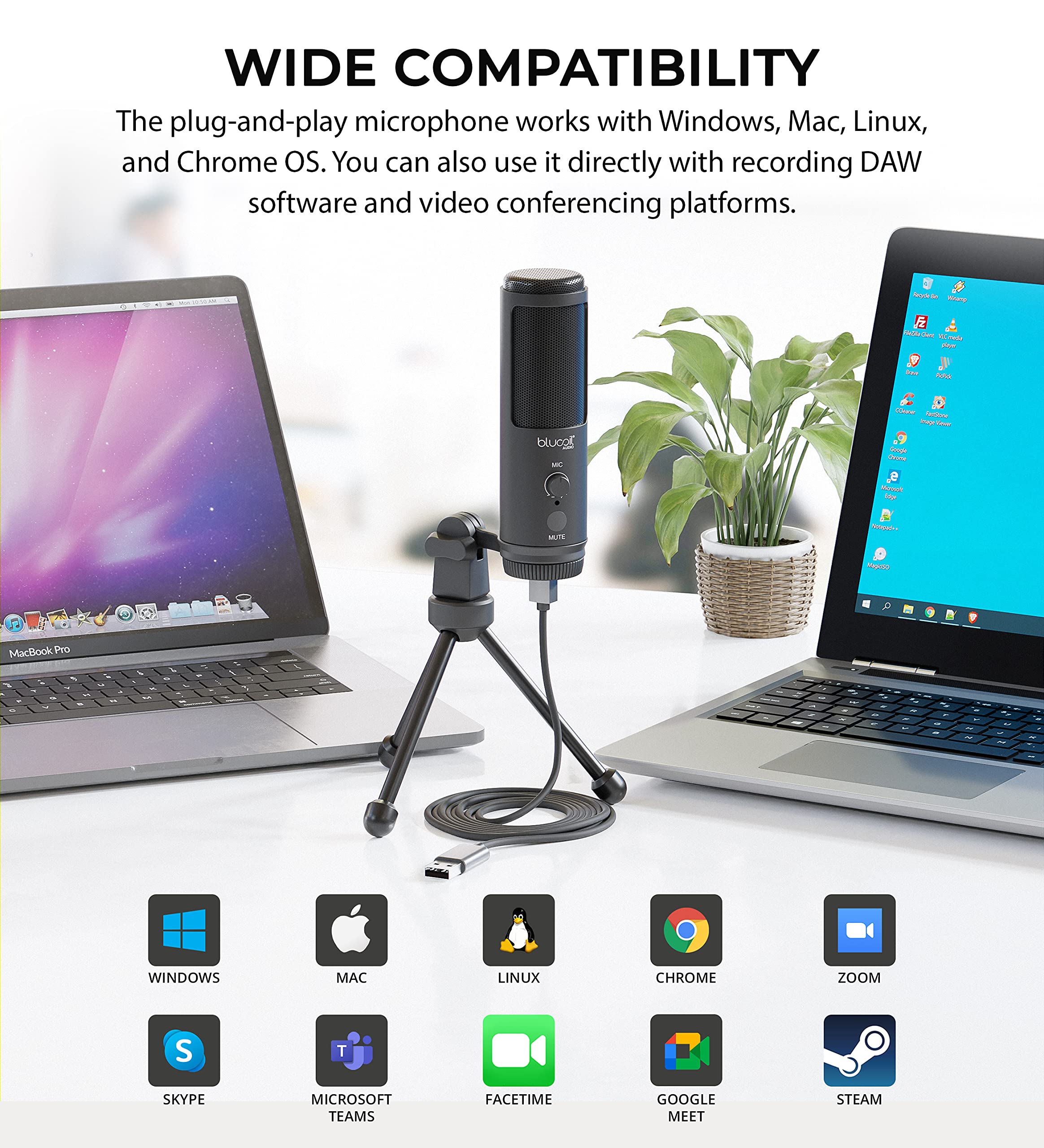 Blucoil USB Cardioid Condenser Microphone with 3.5mm Headphone Jack, Volume Control, Mute Button, and Tripod - Compatible with Mac, Windows, Linux, Chrome, Zoom, Google Meet, Microsoft Teams, and more