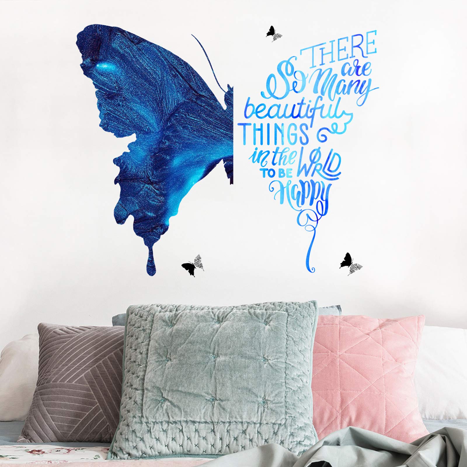 LQANG Big Blue Butterfly Wall Stickers to Be Happy Inspirational Quotes Window Decals Decorations Murals Wall Art Decorative Sticker for Cute Party Decor Supplies