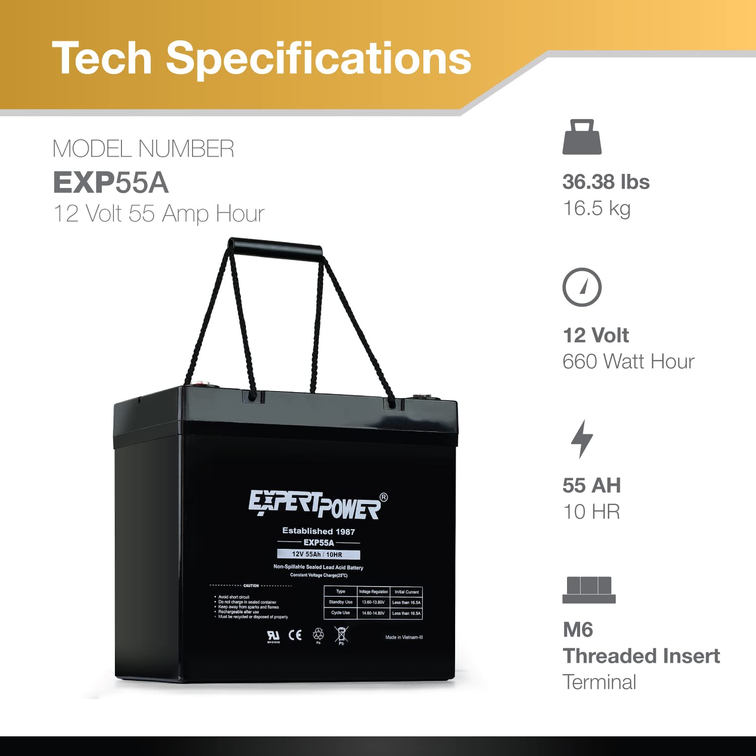ExpertPower 12 Volt 55 Amp Deep Cycle Sealed Lead Acid Wheelchair Medical Mobility Rechargeable Battery [EXP12500]