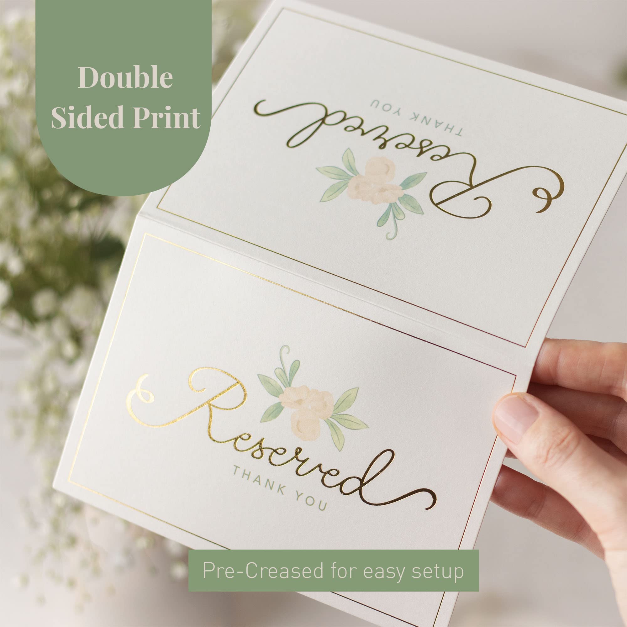 Rileys & Co 25 Pack White and Gold Reserved Table Signs for Wedding Receptions, Parties, and Events, Double Sided Golden Foil Print and Elegant Floral Design, 4x6 Inches
