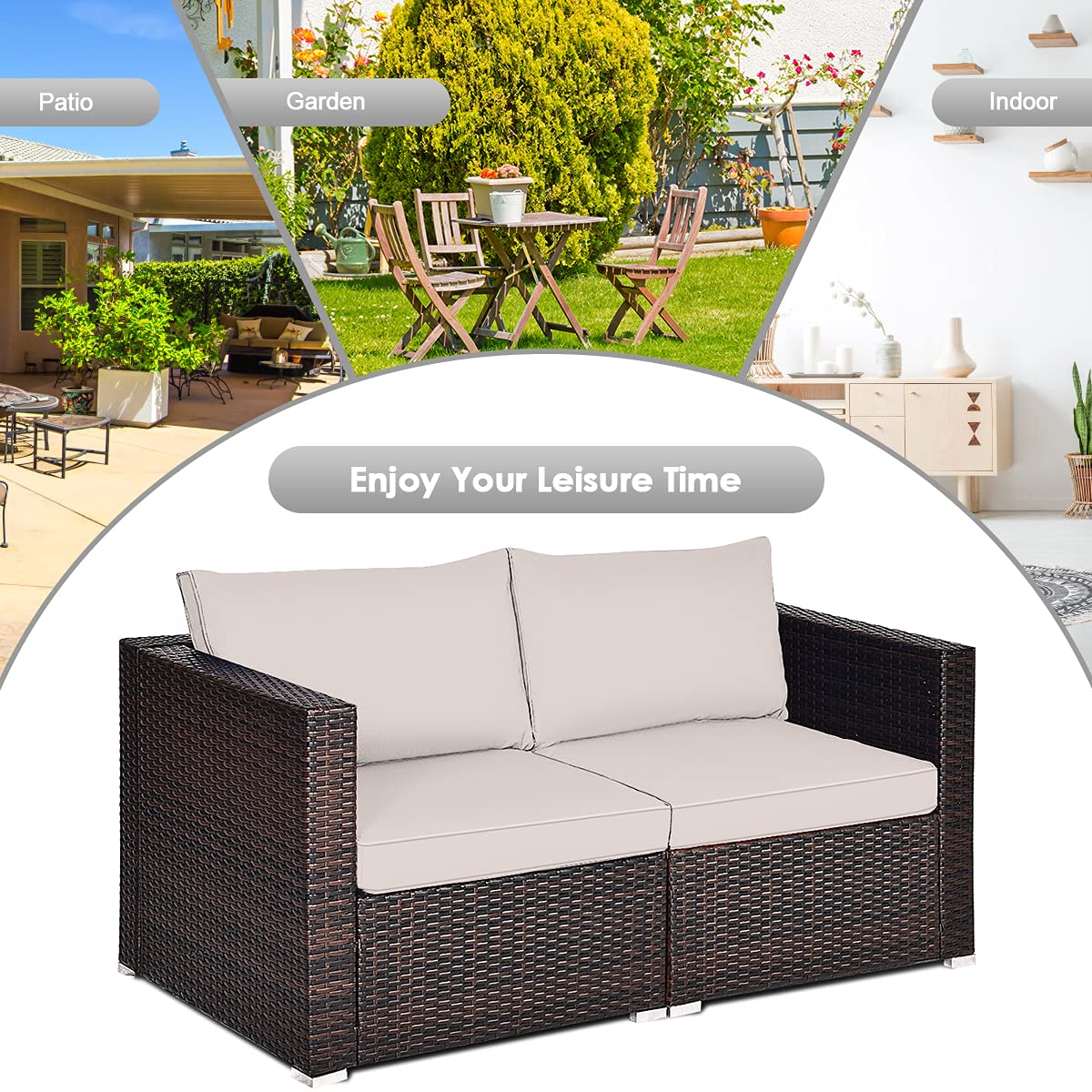 HAPPYGRILL 2 Pieces Patio Sofa Set Rattan Wicker Corner Sofa Set with Zippered Cushions for Backyard Balcony Porch Garden Poolside