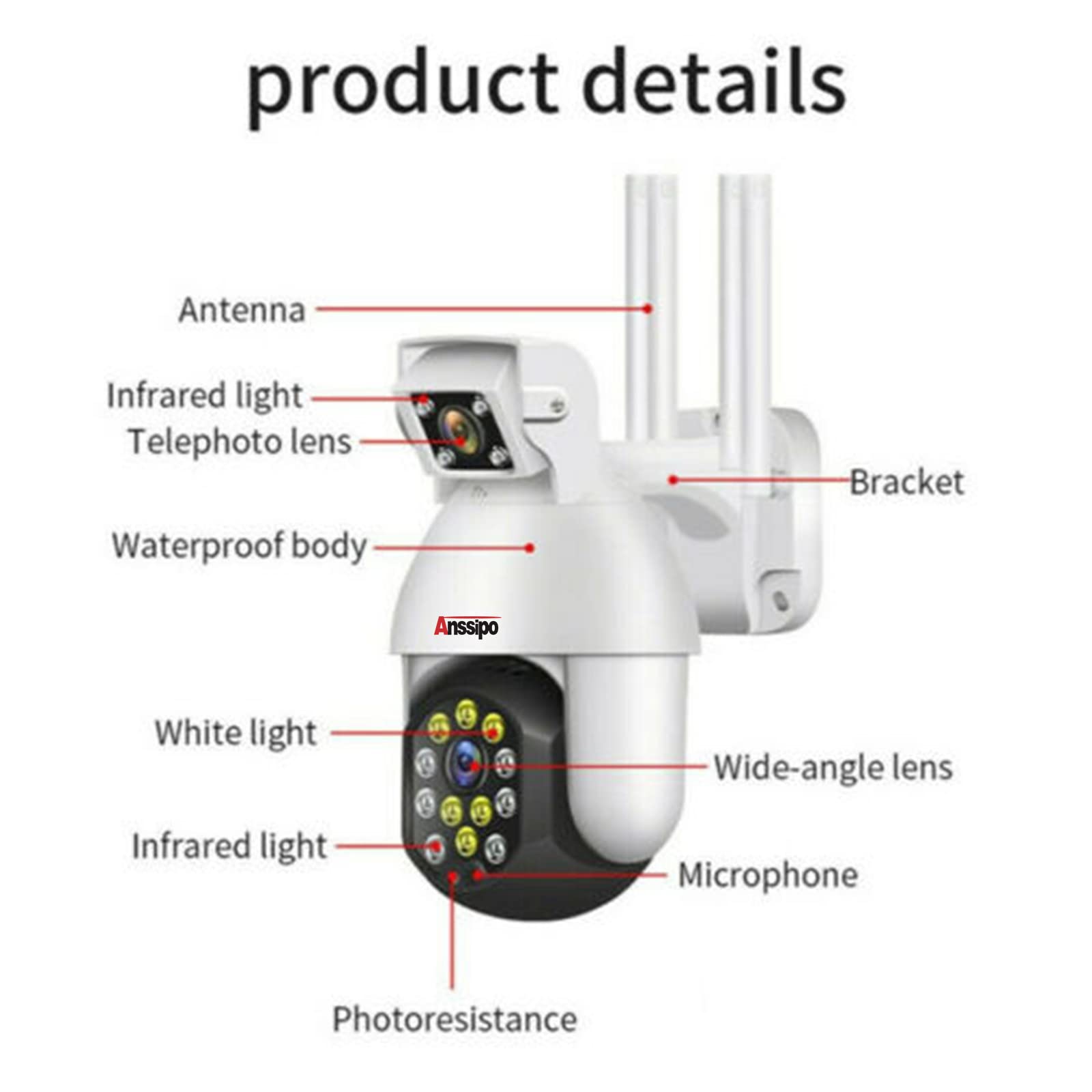 Anssipo Wireless Security Camera Outdoor, Dual Lens 360° 1080P HD WiFi PTZ Camera IP Surveillance Camera for Home with Two-Way Audio, Color Night Vision, Motion Detection