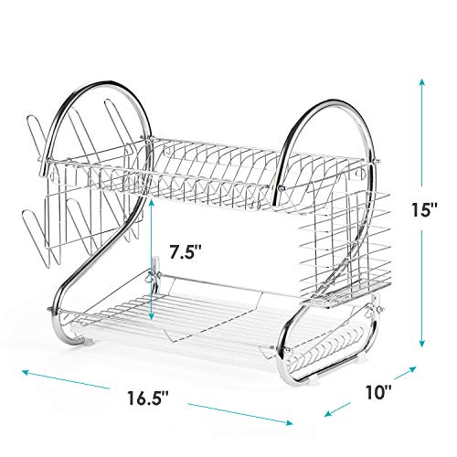 Glotoch 2-Tier Full Sized Dish Drying Rack with Utensil Holder and Cup Holder with Dish Water Drain Board Tray Rustproof Chrome Plating 16.5 x 10 x 15 Inches Storage Space Saving Kitchen Organizer