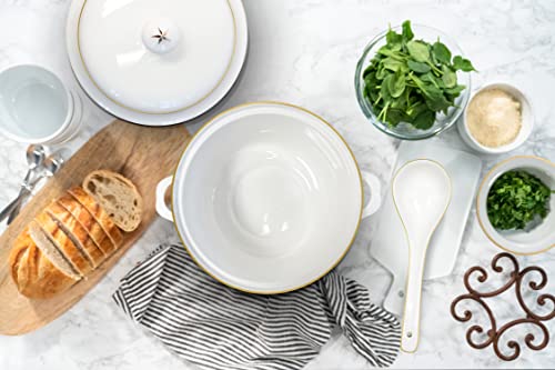 Bone China Soup Tureen with lid, ladle and spoon rest, 2.97QT, Gold Rim, 4PC set, Big Serving Bowl, Elegant Ceramic Porcelain, White, Translucent, Modern, Simple and resistant, Greeting dinnerware