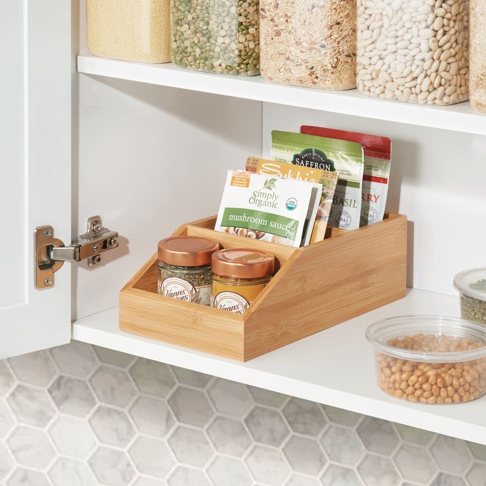 mDesign Bamboo Wood Food Storage Bin with Divided 3 Compartments and Sloped Front for Kitchen Cabinet, Pantry, Shelf to Organize Seasoning Packets, Powder Mixes, Spices, Snacks - 2 Pack - Natural