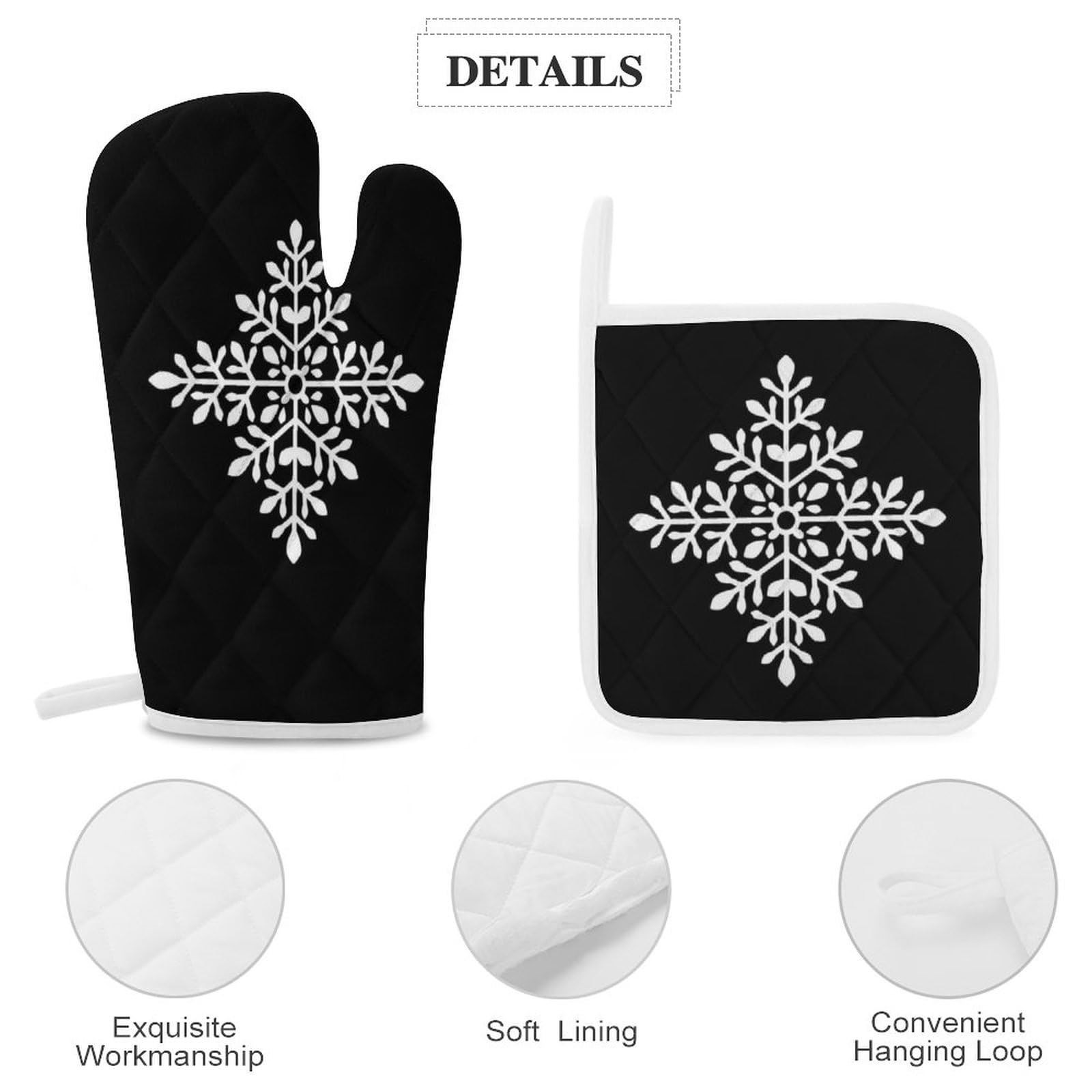 4PCS Oven Mitts and Pot Holders Sets, White Christmas Snowflake Black Oven Mitts Set Heat Resistant Kitchen Microwave Gloves Safe for Baking,Cooking, BBQ