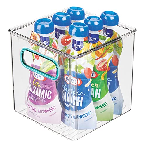 mDesign Plastic Kitchen Pantry Cabinet, Refrigerator or Freezer Food Storage Bins with Handles - Organizer for Fruit, Yogurt, Snacks, Pasta - Food Safe, BPA Free, 6" Cube, 4 Pack - Clear/Blue