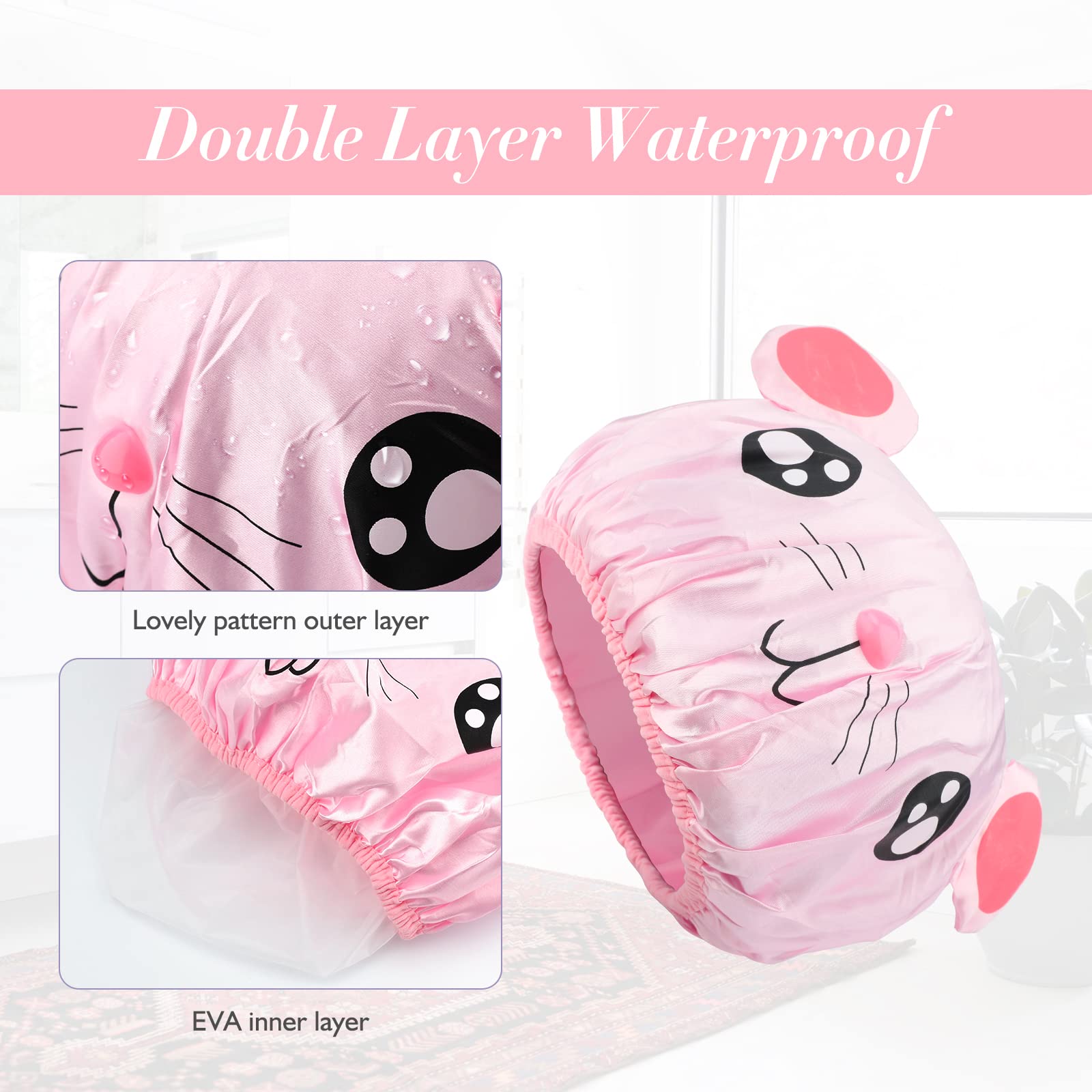 FirstKitchen Shower Cap for Kids, 2PCS Toddler Shower Cap, Cute Shower Cap with Double Layer, Kids Shower Caps for Girls Boys Child with Cartoon Animal(Pink Mouse + Gray Mouse)