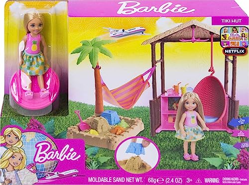 Barbie Dreamhouse Adventures Chelsea Doll & Tiki Hut Playset with Moldable Sand, Hammock & Accessories, Blonde Small Doll