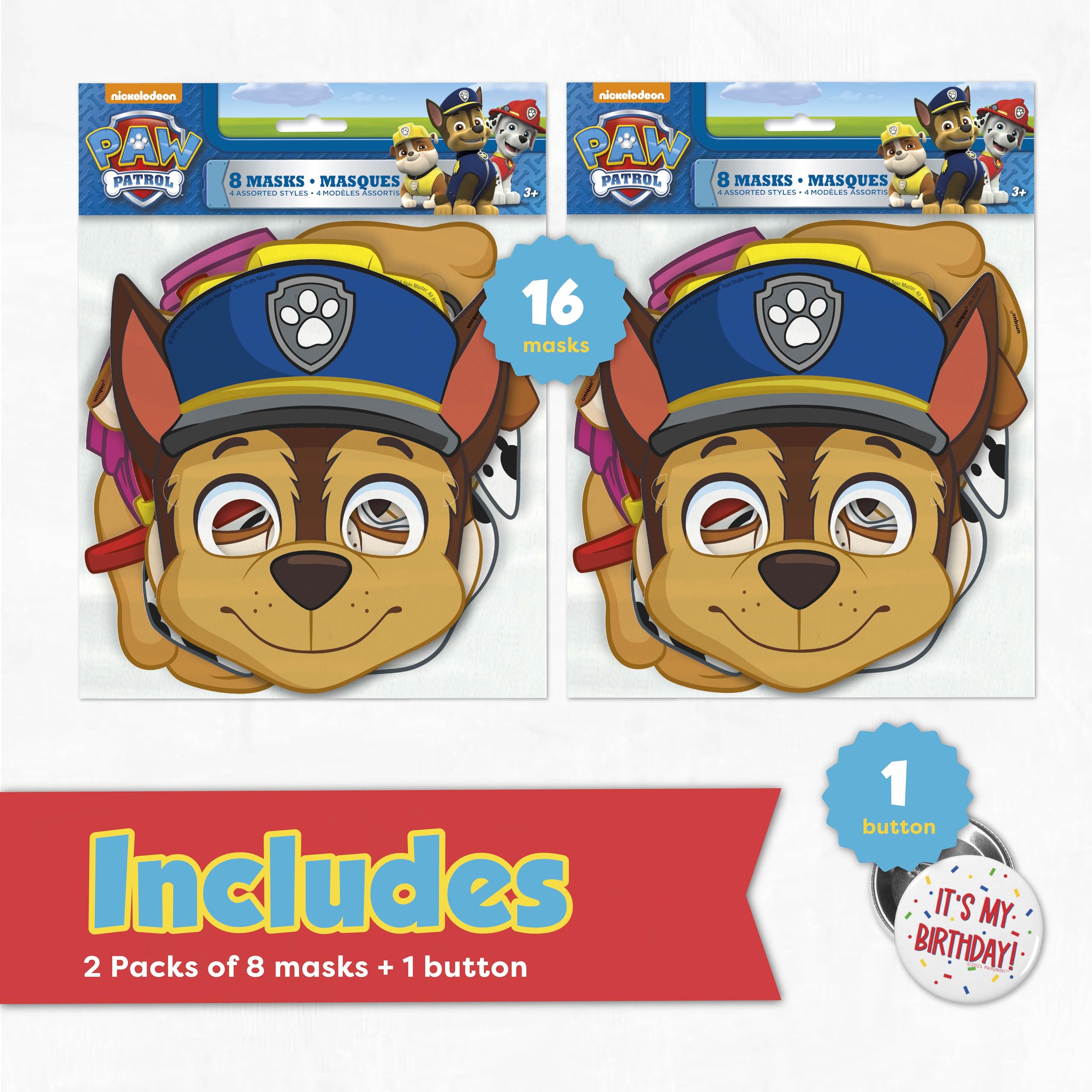 Unique Paw Patrol Masks for Kids Birthday Party Favors and Decorations with Buttons - 16 Pack