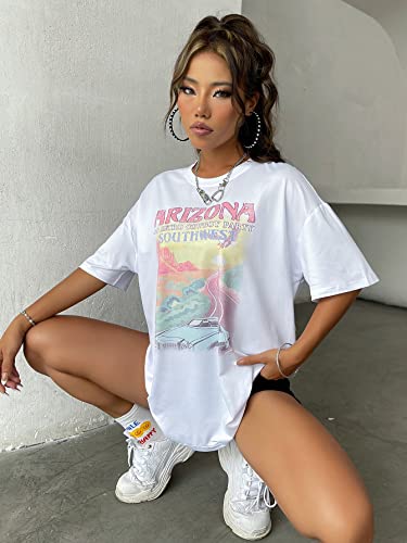 Cozyease Women's Oversized Graphic Letter Print T Shirts Short Sleeve Loose T Shirts Casual Women Summer Tops White L