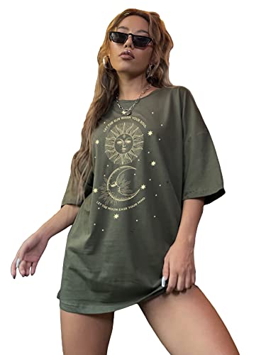 Cozyease Women's Graphic Print Round Neck Half Sleeve Oversized T Shirt Drop Shoulder Tees Top Army Green L