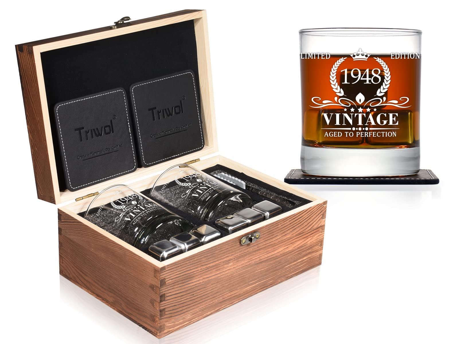 76th Birthday Gifts for Men, Vintage 1948 Whiskey Glass and Stones Gift Set of 2, Funny 76 Birthday Gift for Dad Husband Brother, 76 Birthday Present Ideas for Him, 76 Year Old Bday Decorations