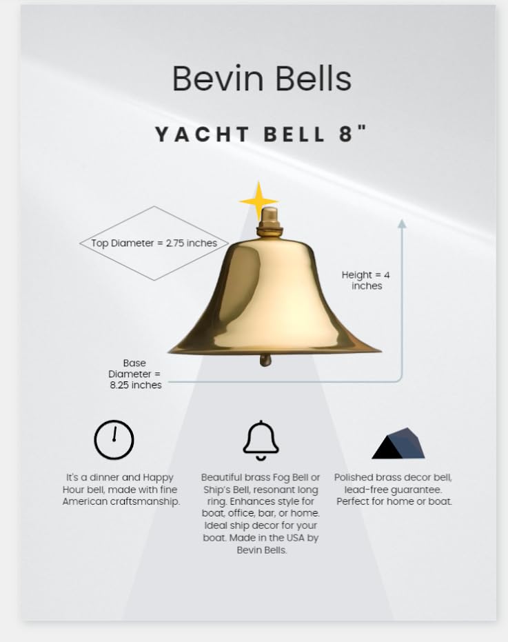 Bevin Bells Yacht Bell – Solid Brass 8" Fog Bell | Ship Bell | Boat Bell | Wonderful Tone with a Loud and Long Ring | Hanging Bell | Highly Polished and Lacquered | Made of Solid Brass | Made in USA