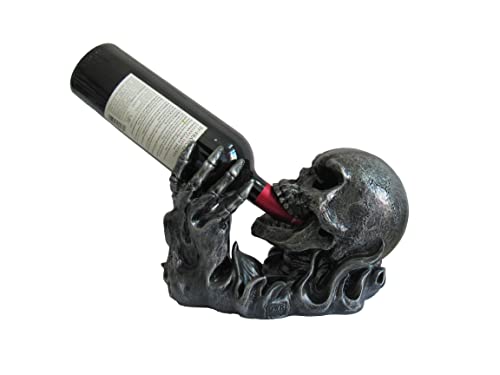 DWK - Gargle of Wine - Skeleton in Flames Tabletop Wine and Bottle Display Caddy Home Décor Dining Centerpiece Kitchen Accessory Bar Accent, Pewter Finish, 11.5-inch