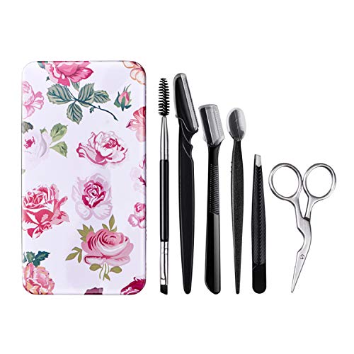 FITDON Eyebrow Grooming Set, Professional Slant Tip Tweezers & Curved Stainless Steel Scissors & 3PCS Brow Razors Trimmer & Duo Angled Eyebrow Brush with Spoolie black,sliver