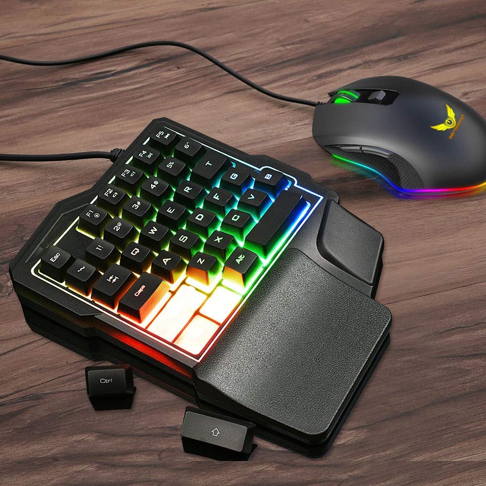 whdz USB Wired Mechanical Feeling Keyboard Mouse Set Ergonomic Single Hand Gaming Keyboard and Backlit Mouse Combo with Wrist Rest Support