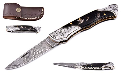 4" Damascus Steel Folding Hunting Knife Custom Made, with Buffalo Horn + Steel Handle H-124