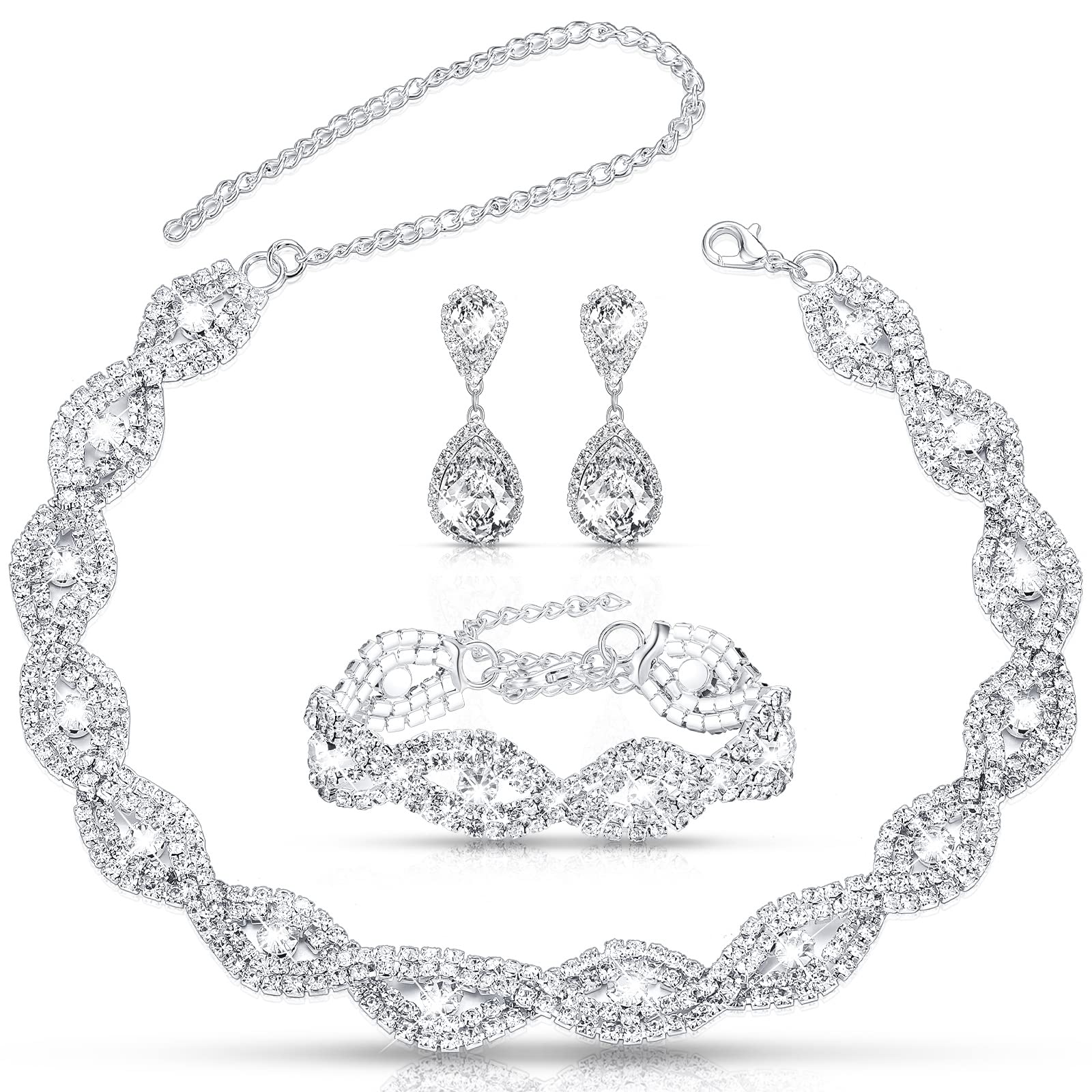 3 Pcs Women Crystal Jewelry Set Includes Bridal Wedding Rhinestone Choker Necklace Crystal Bracelets and Dangle Earrings (Modern Style)