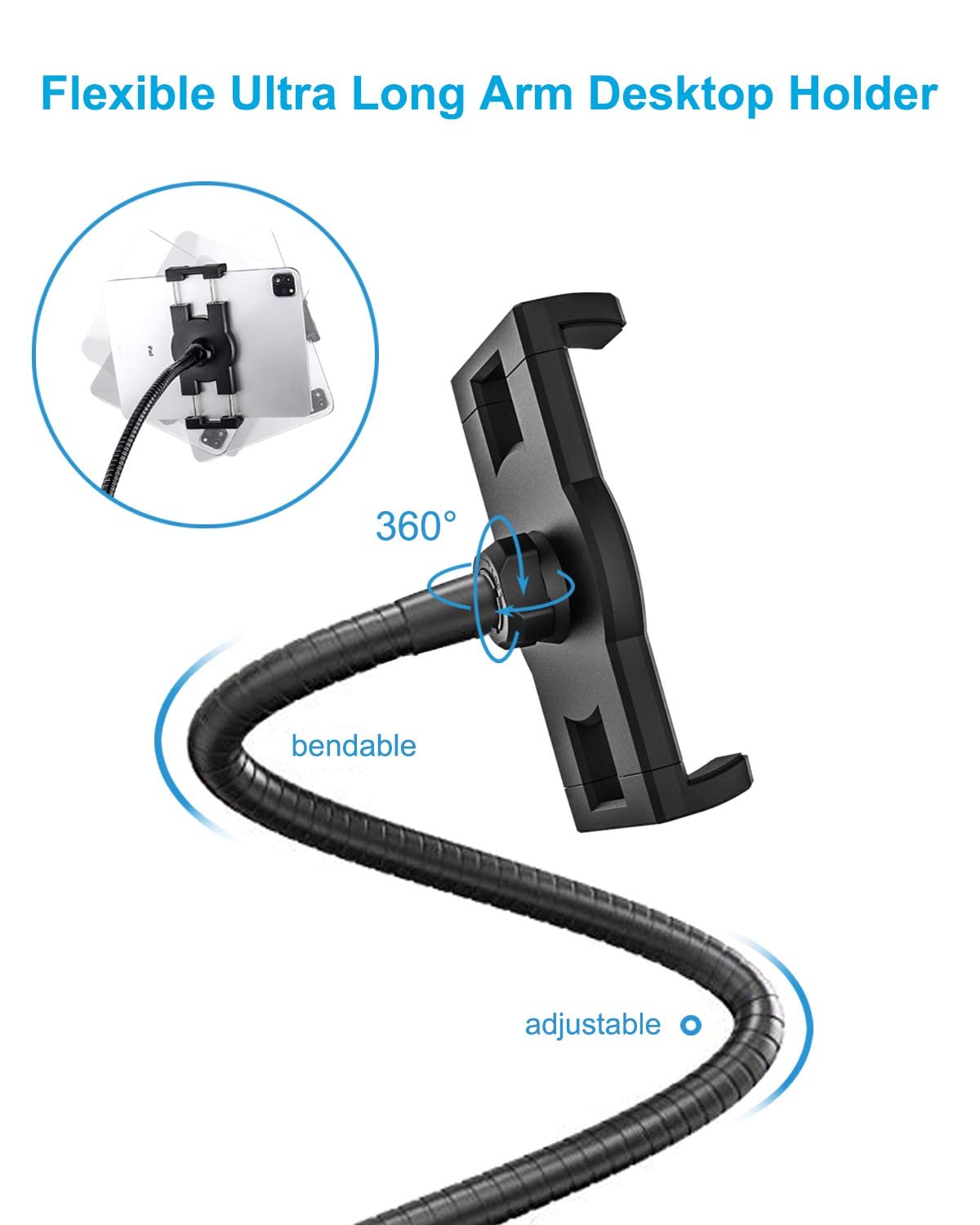 woleyi Gooseneck Tablet Holder Mount, Heavy Duty Desk/Bed Tablet Stand, Flexible Arm Clip for iPad Pro Air Mini, Galaxy Tab/Z Fold, Fire HD, Surface Pro/Go, Switch, iPhone and More 4.7-13" Devices