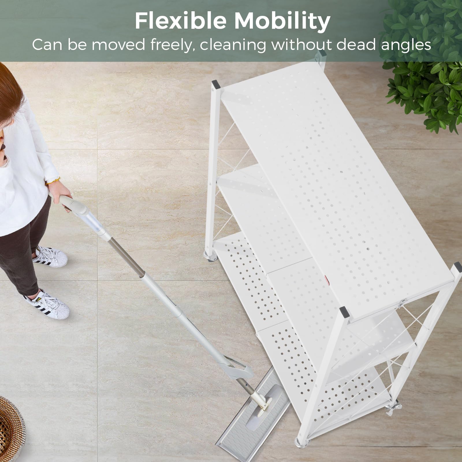 DEANIC 3 Tier Foldable Storage Shelves with Wheels, Large Capacity Shelving Unit, Freestanding Metal Wire Shelf Rack, No Assembly Organizer Rack for Garage Kitchen, Basement, Pantry(White)