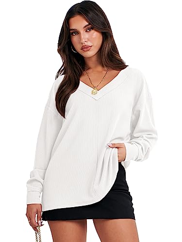 ANRABESS Women’s Casual Long Sleeve Sweatshirt V Neck Off Shoulder Shirt Loose Baggy Comfy Knit Pullover Sweaters Tunic Top 2023 Fall Clothes A1069baise-XL White