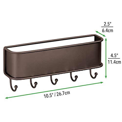 mDesign Wall Mount Metal Entryway Storage Organizer Mail Sorter Basket with 5 Hooks - Letter, Magazine, Coat, Leash and Key Holder for Entryway, Mudroom, Hallway, Kitchen, Office - Bronze