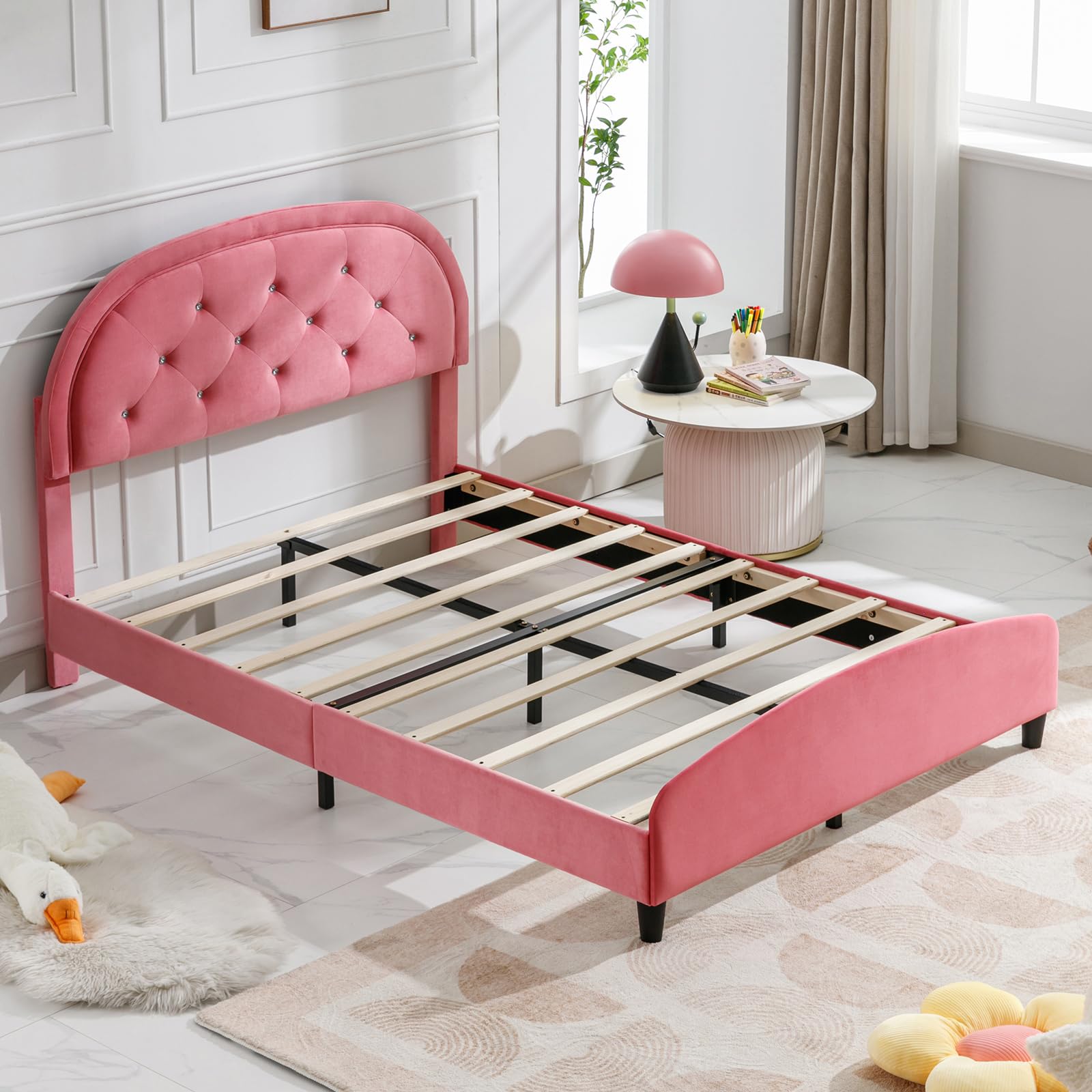 PUREMIND Twin Bed Frame for Kids, Kids Bed with Crystal Tufted Headboard, Princess Bed for Childs, Pink Dutch Velvet, Non-Slip Legs, Solid Wood Slats, Easy Assembly-Crystal Twin