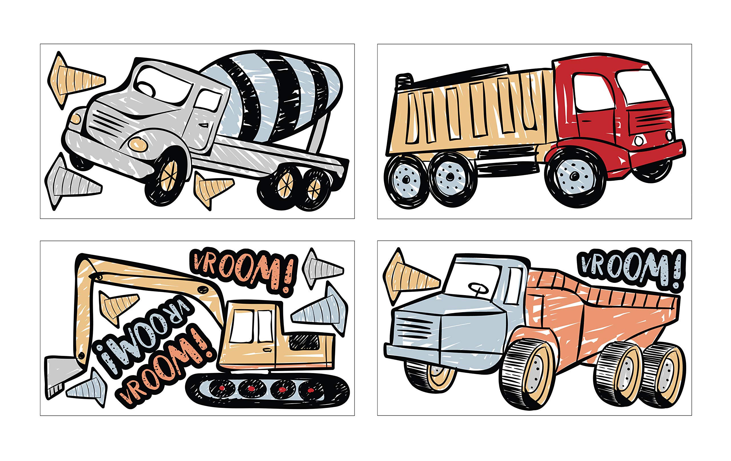 Sweet Jojo Designs Construction Truck Large Peel and Stick Wall Decal Stickers Art Nursery Decor Mural - Set of 4 Sheets - Grey Yellow Orange Red and Blue Transportation Zone Vehicles