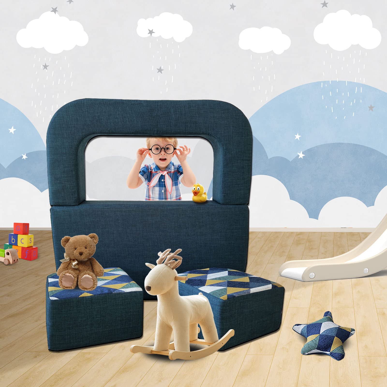 ANONER Kids Couch Convertible Toddler Sofa 4pcs with Memory Foam Fold Out Kids Sofa Bed, Play Couch Chair for Children Boys and Girls, Dark Blue
