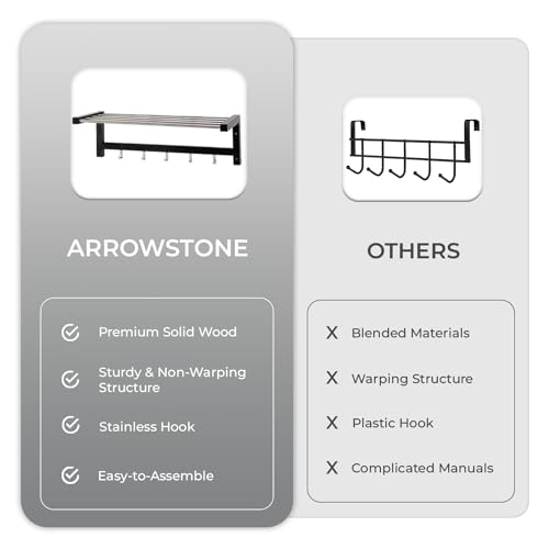 ARROWSTONE Coat Rack with Shelf Solid Acacia Wood, 31" Entryway Wall Mounted Shelf, Stainless Steel Coat Hooks, 5 Hooks for Clothes, Key Holders, Hats, for Bedroom, Living Room, Bathroom