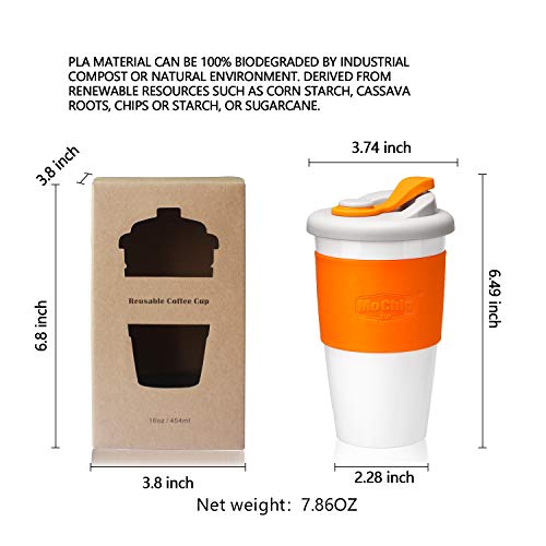 MOCHIC CUP Reusable Coffee Cup with Lid Portable Travel Mug with Non-Slip Sleeve BPA Free Dishwasher and Microwave Safe Friendly Coffee Mug (Orange,16oz)