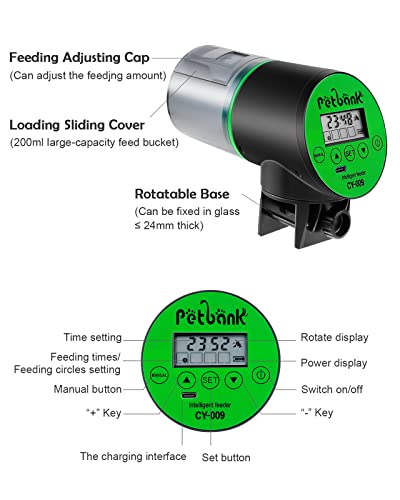 Petbank Automatic Fish Feeder - Rechargeable Timer Fish Food Dispenser with USB Charger Cable, for Aquarium or Fish Tank