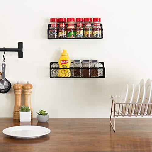 MyGift Wall Spice Racks, 12-Inch Black Chicken Wire Hanging Kitchen Seasoning Condiment Organizer Shelf, Set of 2