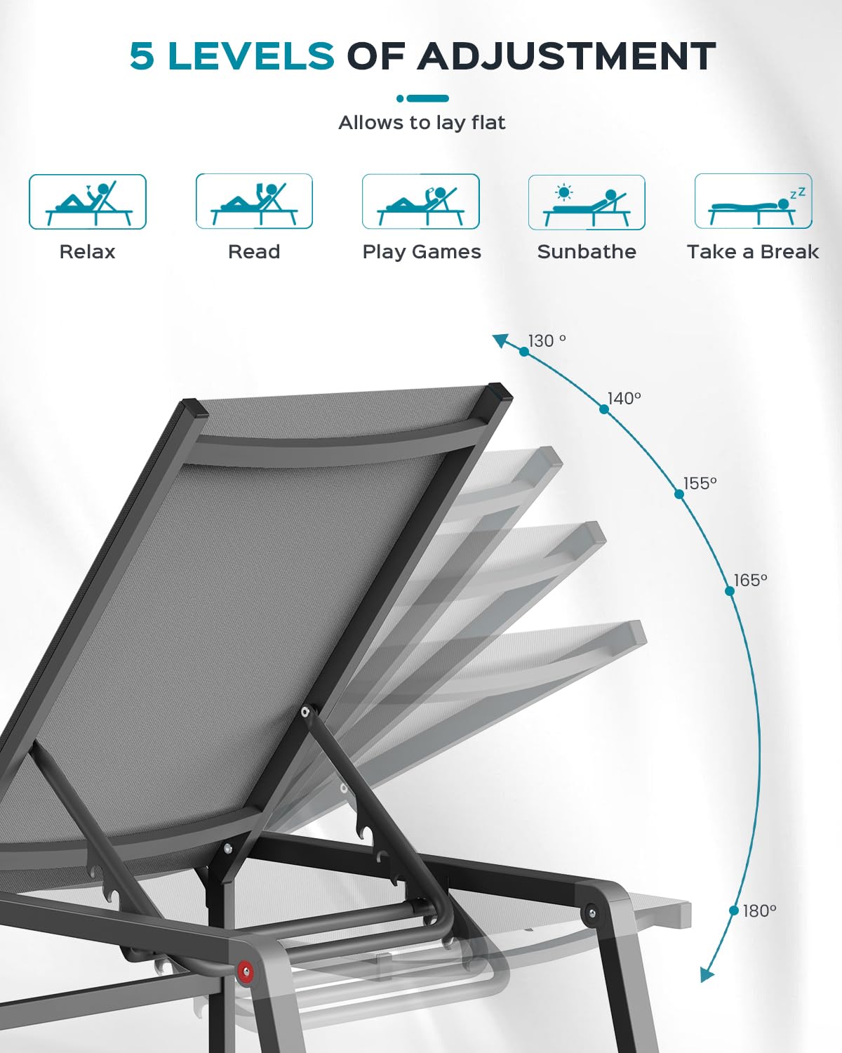Aluminum Chaise Lounge Ourdoor - Foldable & Assemble Free Outdoor Lounge Chair with 5 Adjustable Backrest, Patio Lounge Chair for Outside Poolside Beach Pool, Grey