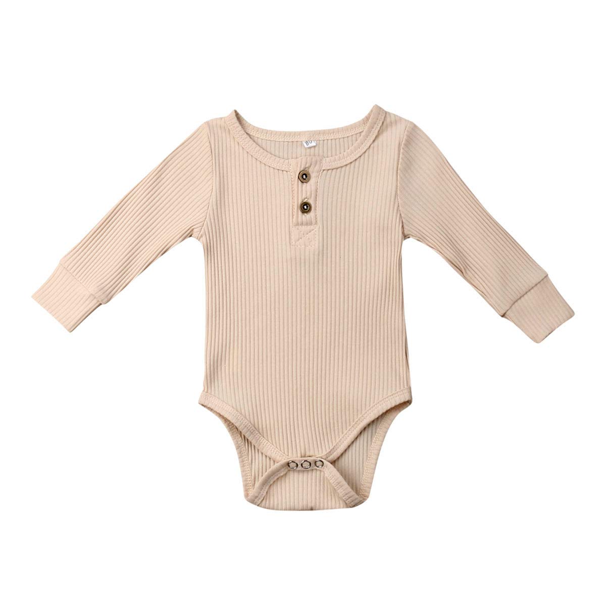 Infant Baby Toddler Girls Boys Ruffle Romper Bodysuit Striped Long Sleeve Cotton Jumpsuit Basic Clothes (Light Beige, 3-6M)