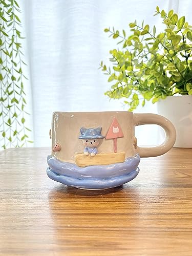 Adorable Journey cat. Cute Handmade ceramic cup, Hand-painted mug, Unique Surprise gift for Christmas or Birthday. Dishwasher and Microwave safe