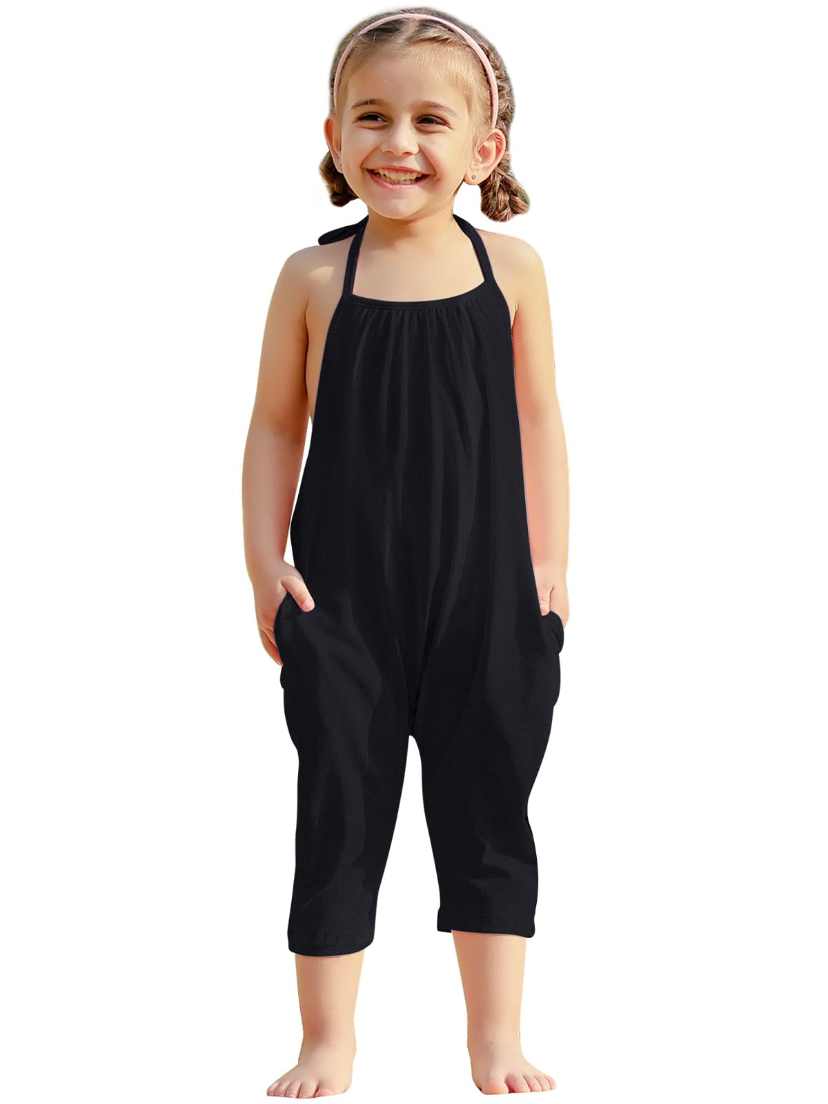 RAISEVERN Baby Girl Rompers Backless Slouch Jumpsuit Toddler Kid Jumper Cute Dinosaur Summer Beach Pants Halter Holiday Plain Bodysuit Black, 2-3T