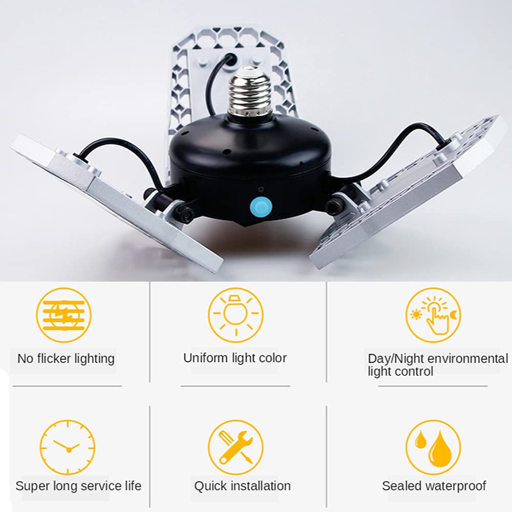 80W Deformable LED Ceiling Garage Lamp, Waterproof and Anti-Leakage Garage Lights with Automatic Light Control Sensor, with 3 Adjustable Panels, E27/E26 9600LM 6000K Daylight for Warehouse Barn (80)