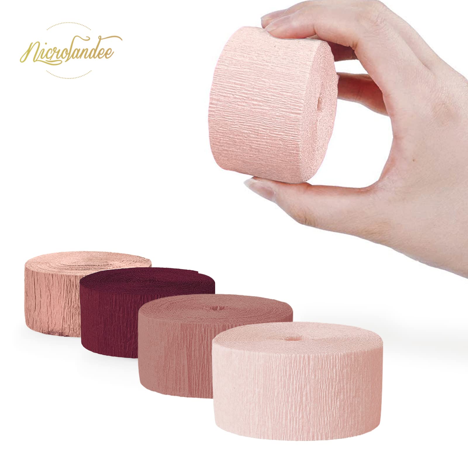 NICROLANDEE 8 Rolls Burgundy Rose Gold Crepe Paper Streamer Rolls for Birthday Wedding Engagement Bridal Shower Bachelorette Anniversary Valentine's Day Decorations