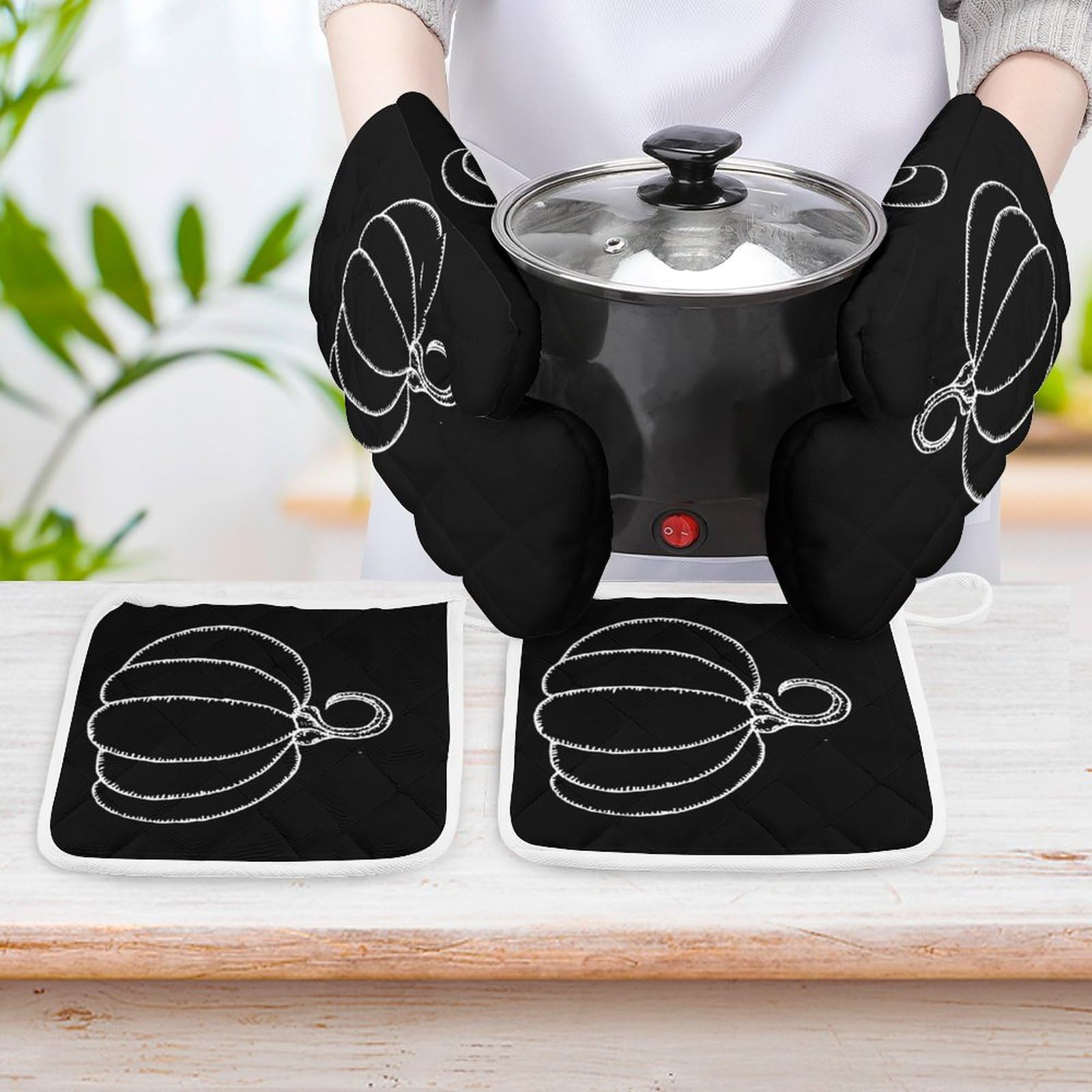 4PCS Oven Mitts and Pot Holders Sets, Happy Halloween Pumpkin Black Oven Mitts Set Heat Resistant Kitchen Microwave Gloves Safe for Baking,Cooking, BBQ