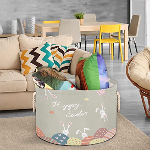 Happy Easter Egg And Rabbit Large Round Baskets for Storage Laundry Baskets with Handles Blanket Storage Basket for Bathroom Shelves Bins for Organizing Nursery Hamper Girl Boy