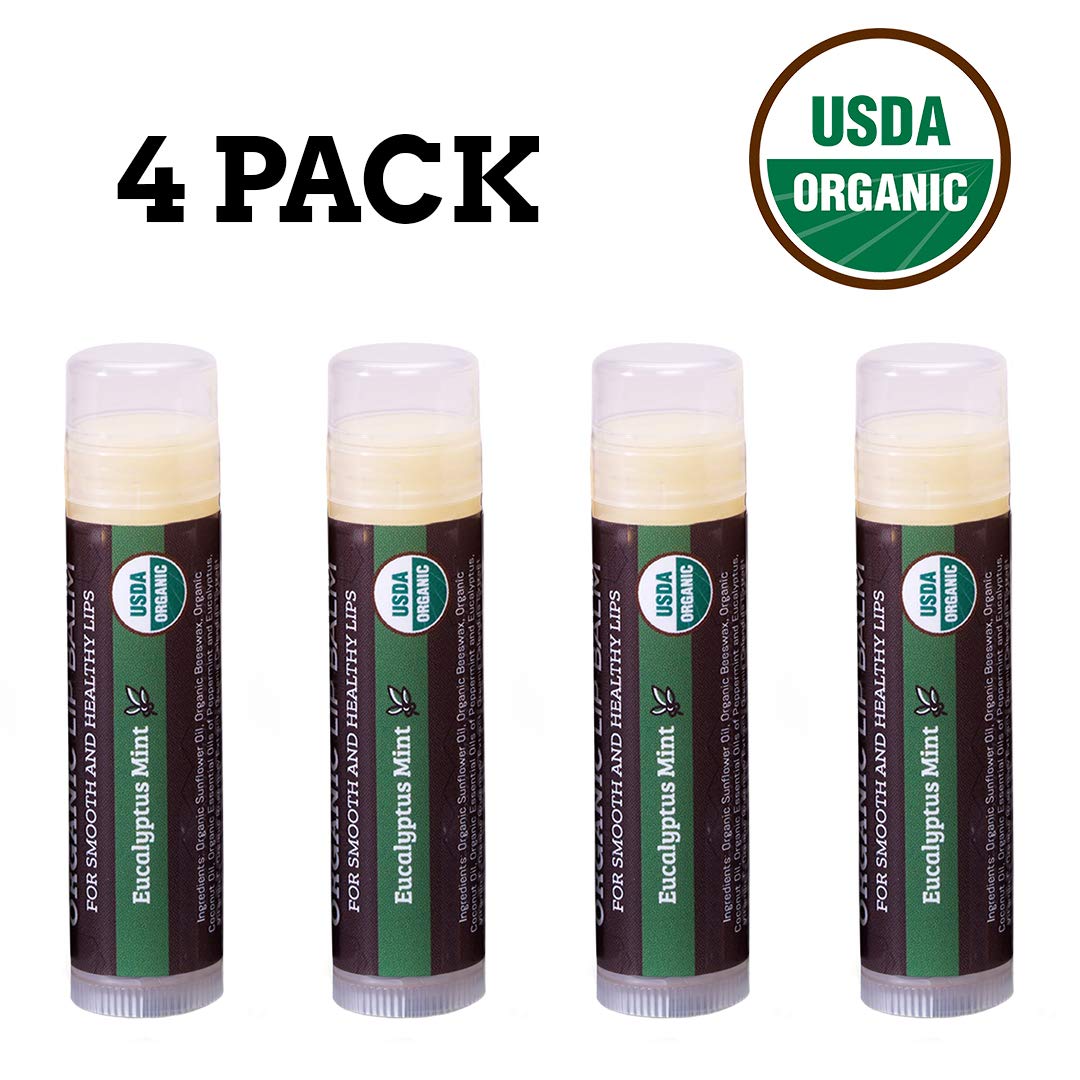 USDA Organic Lip Balm 4-Pack by Earth's Daughter- Eucalyptus Mint Flavor, Beeswax, Coconut Oil, Vitamin E - Best Lip Repair Chapstick for Dry Cracked Lips.
