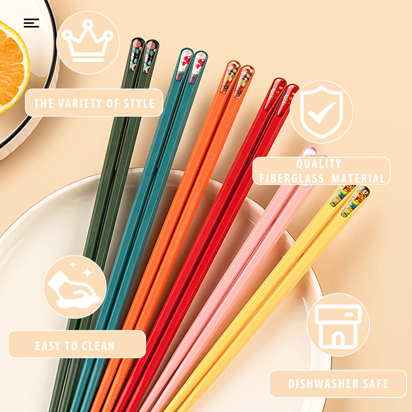 5 Pairs Family Reusable Chopsticks Dishwasher Safe, Non-Slip Family/ Hotel/ Restaurant Japanese Chop Sticks, Chinese ChopStick Gift Set, A