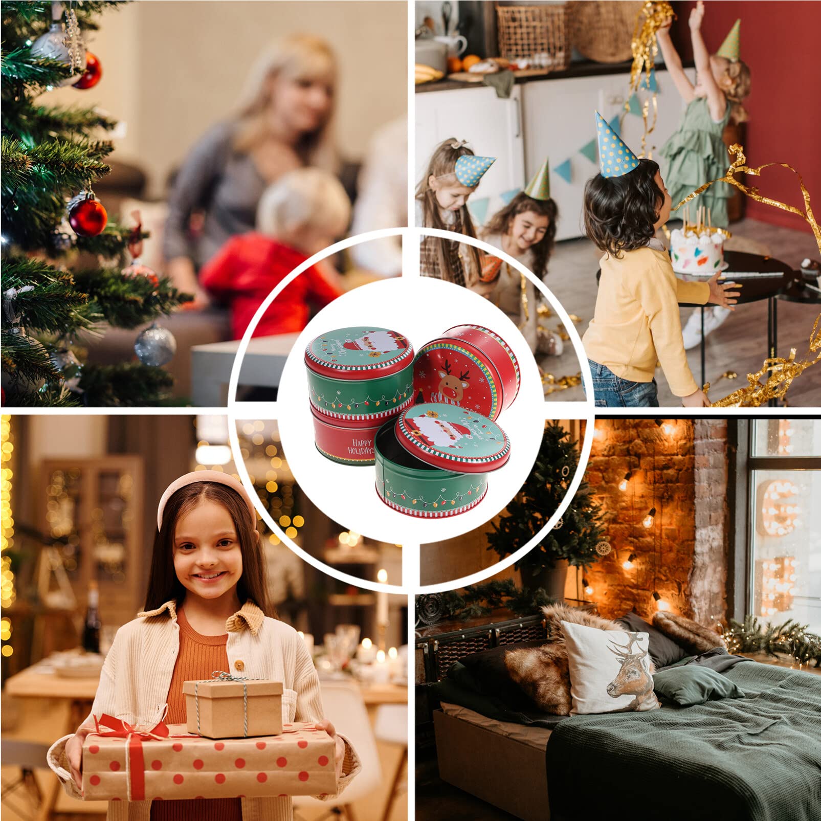 4pcs Round Christmas Cookie Tins- Metal Cookie Tins with Lids for Giving- Decorative Christmas Storage Containers for Storing Candies Biscuits Treat Small and More