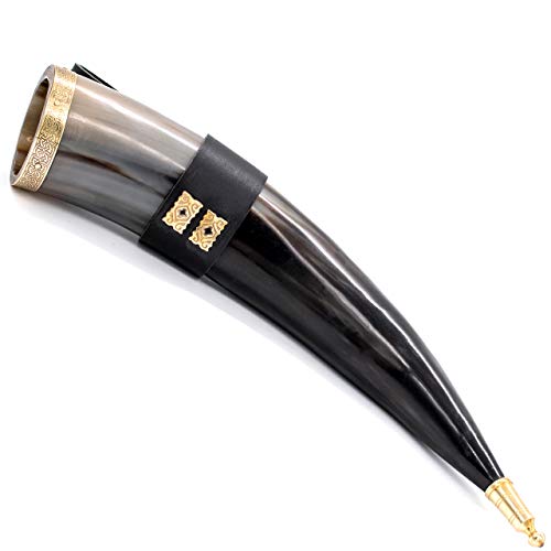 Mythrojan THE WEALTHY MERCHANT - Viking Drinking Horn with Black Leather holder Authentic Medieval Inspired Viking Wine/Mead Mug β Polished Finish