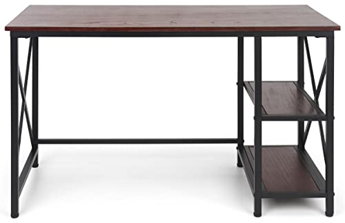 Displays2go Industrial-Style Desk, Two Shelves, Steel X Sides - Dark Wood Tone (FDXDESKBRN)