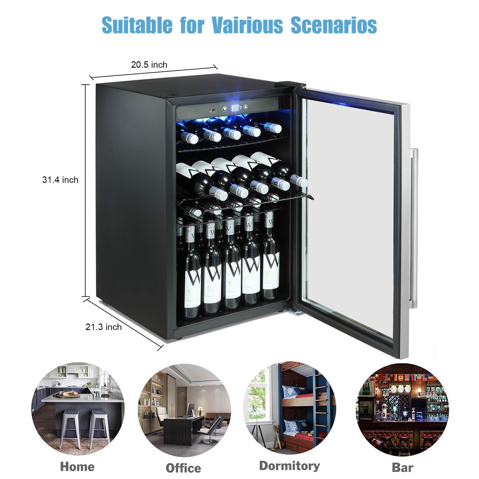 Antarctic Star 36 Bottle Wine Cooler/Cabinet Beverage Refigerator Small Wine Cellar Soda Beer Counter Top Bar Fridge Quiet Operation Compressor Digital Freestanding Door Black Glass